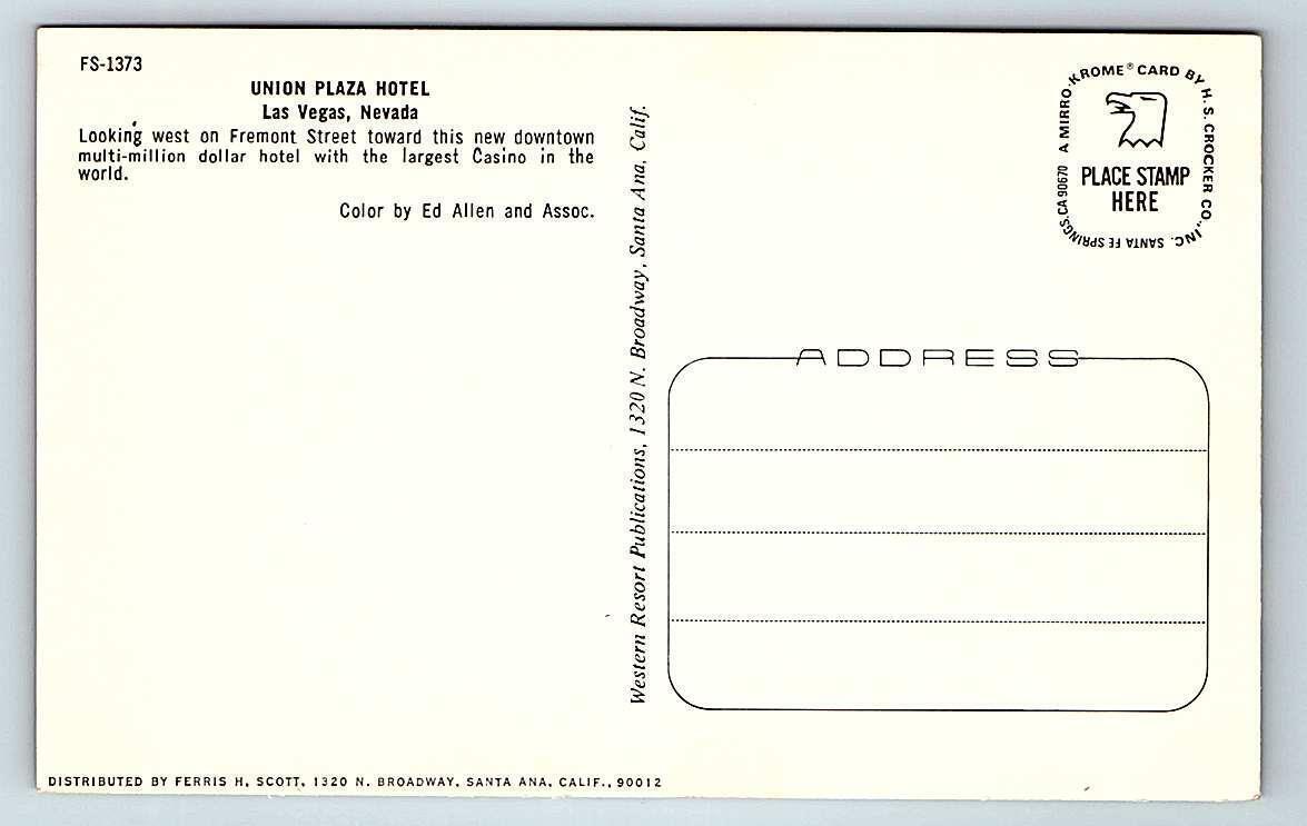 LAS VEGAS, NV ~ Fremont Street Scene UNION PLAZA HOTEL Night Neon 1960s ...