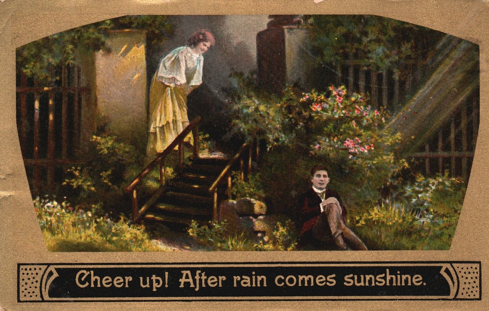 Postcard 1909 Cheers! After Rain Comes Sunshine! Girl Standing Behind ...