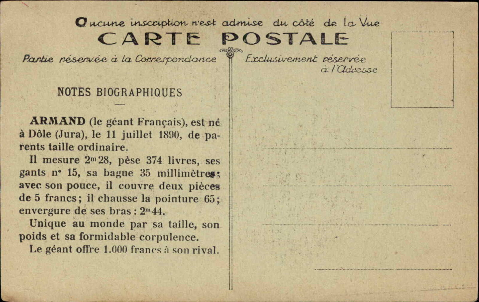 Antique Postcard French Giant Armand Bronner CIRCUS FREAKS | Europe ...