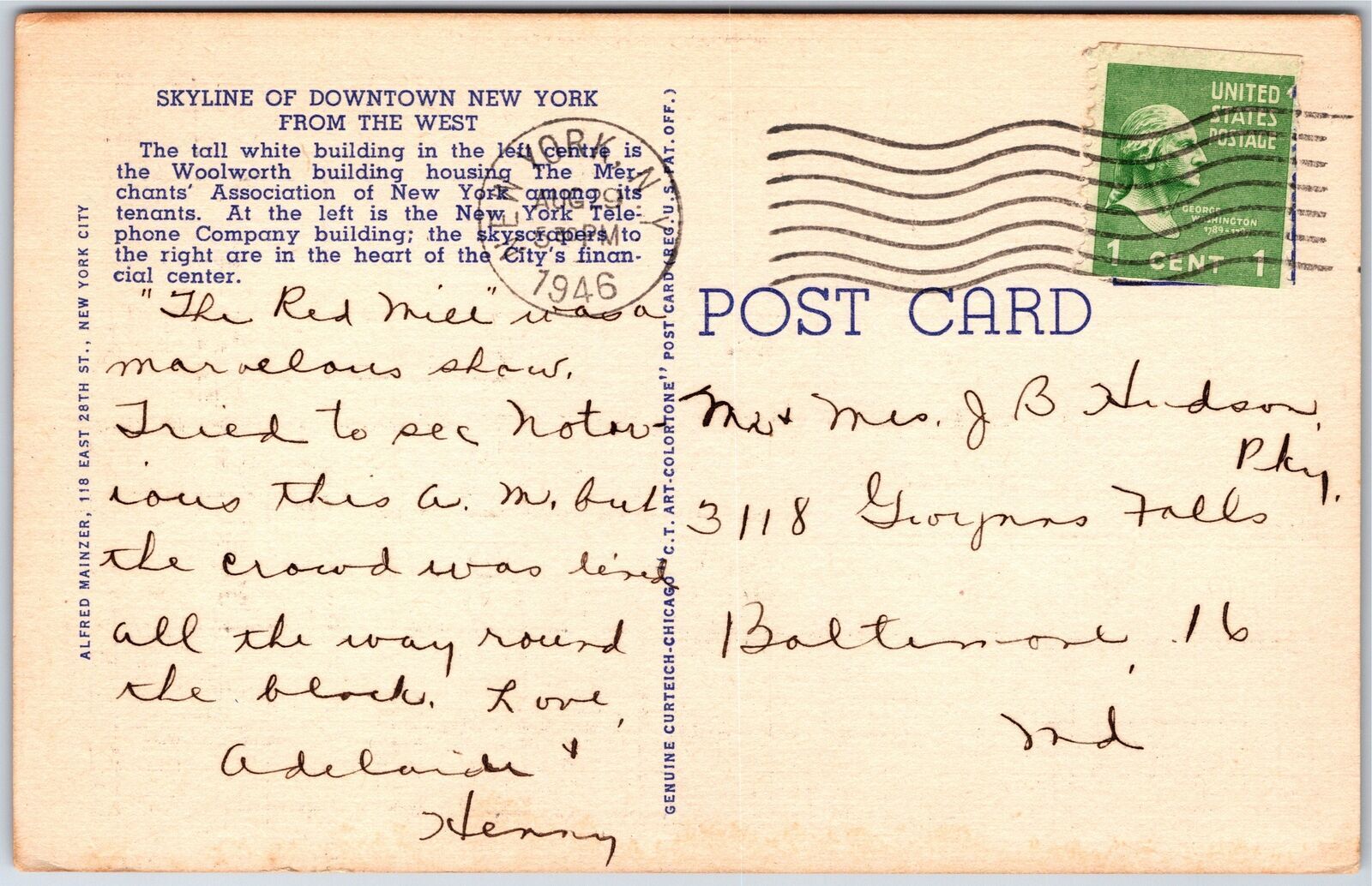 Vintage Postcard View of Downtown Manhattan as Seeen From the Hudson ...