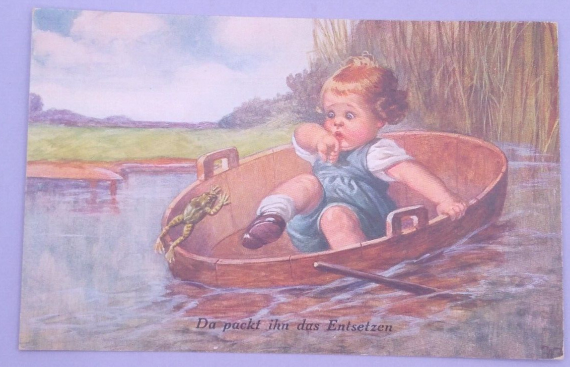 RARE 1920s Fialkowska Child Inside Boat Afraid Of Frog Antique Vintage ...