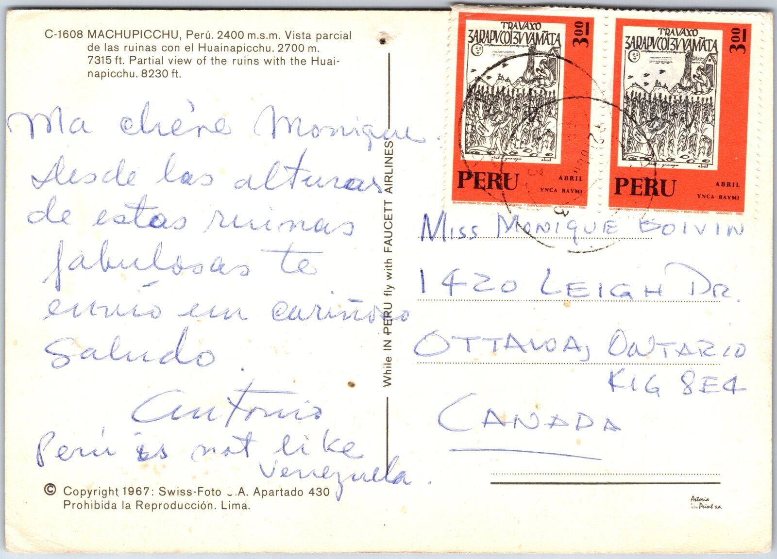 Vintage Continental Size Postcard the Ruins of Huainapicchu Peru Nice ...