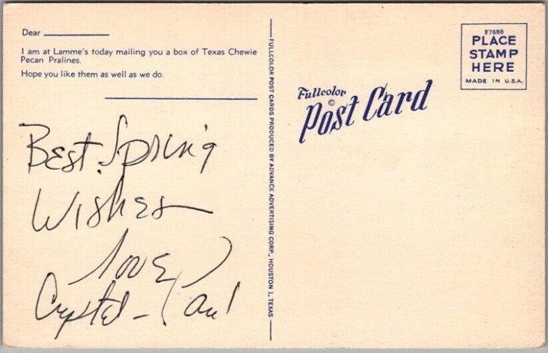 c1940s AUSTIN, Texas Linen Advertising Postcard LAMME'S CANDIES ...