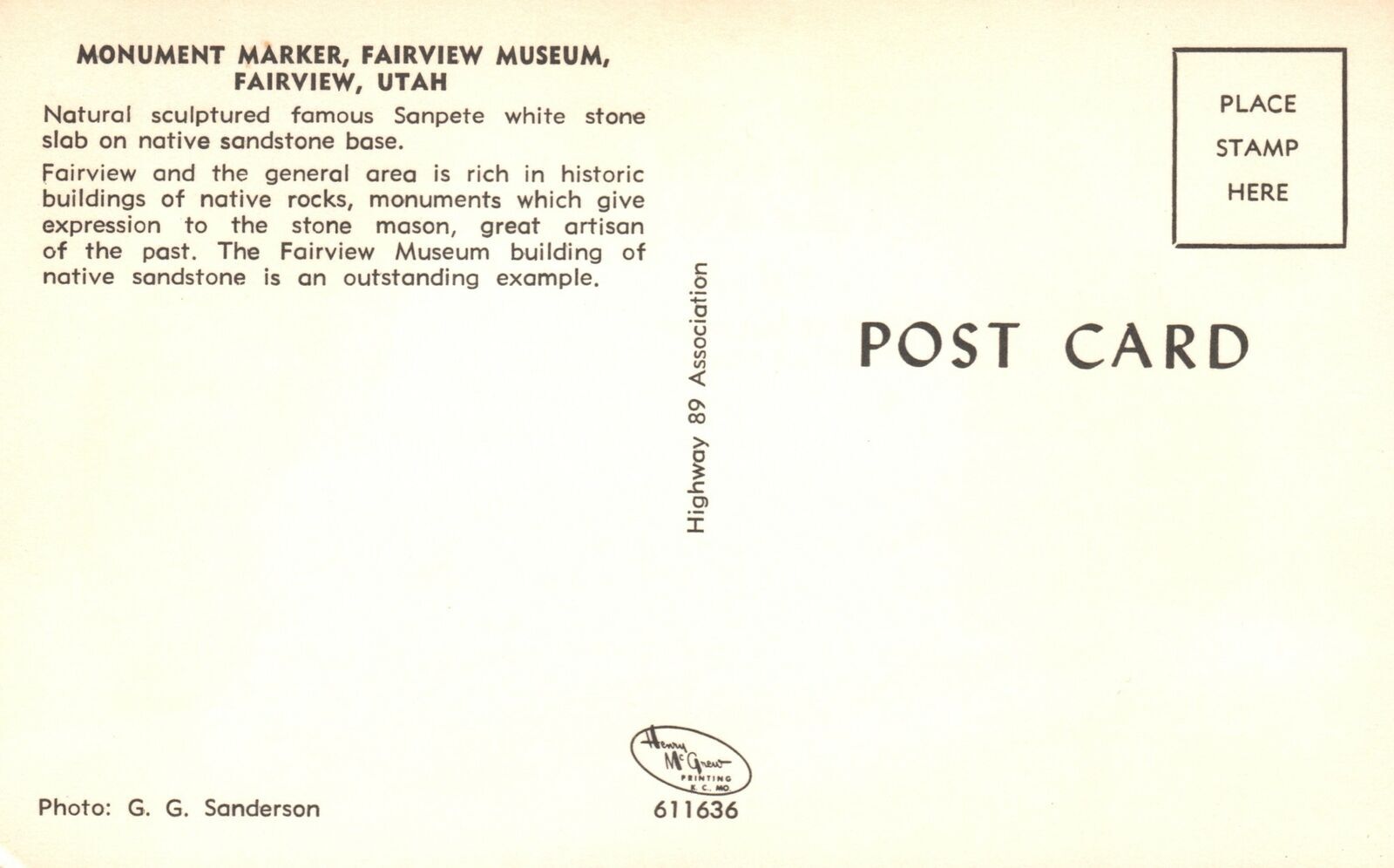 Postcard Monument Marker Fairview Museum Sculptured Famous Sanpete ...