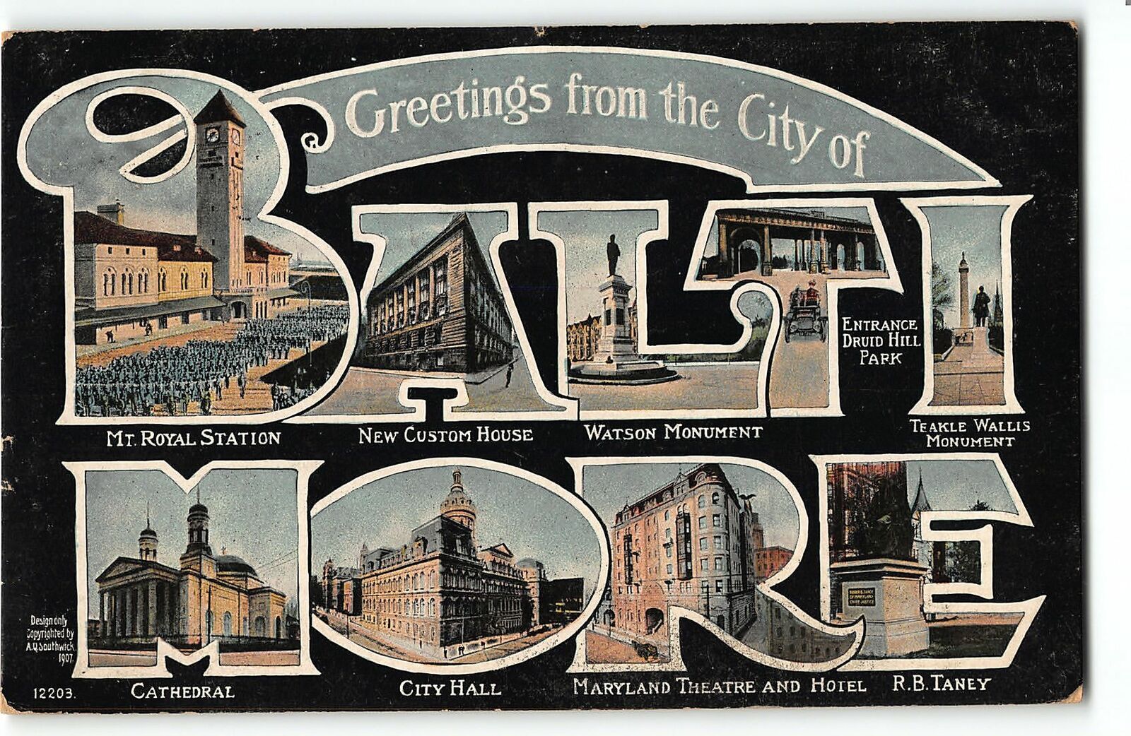 Greetings from BALTIMORE Large Letter Postcard ~ 1908, Mt Royal Station ...