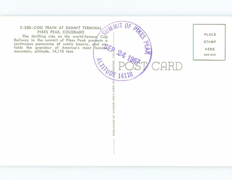 1967 COG TRAIN - OFFICIAL POSTMARK ON BACK Manitou & Colorado Springs ...