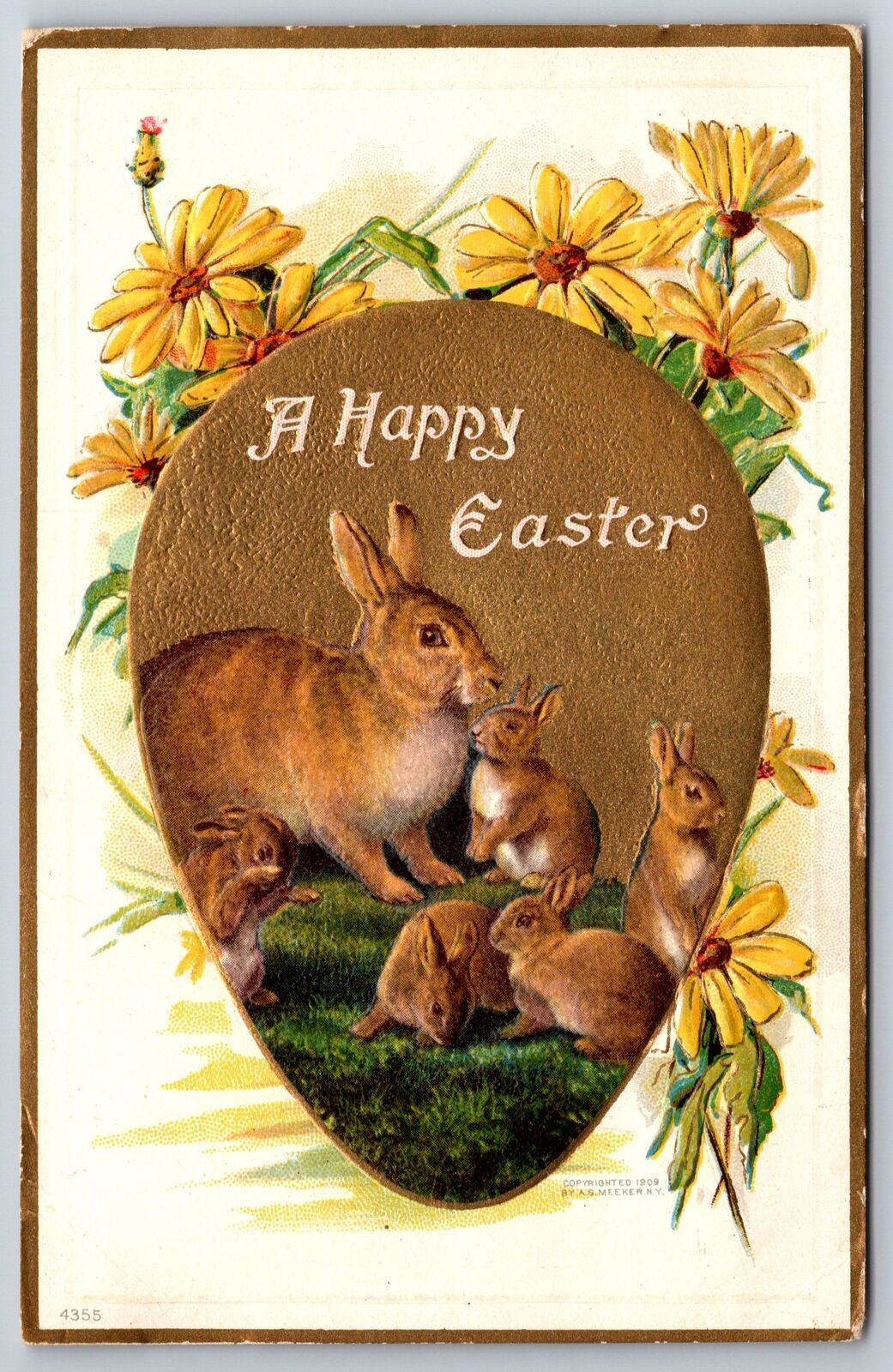 Easter~Rabbit is Gold Egg Vignette Surrounded by 5 Bunnies~Daisies~AS ...