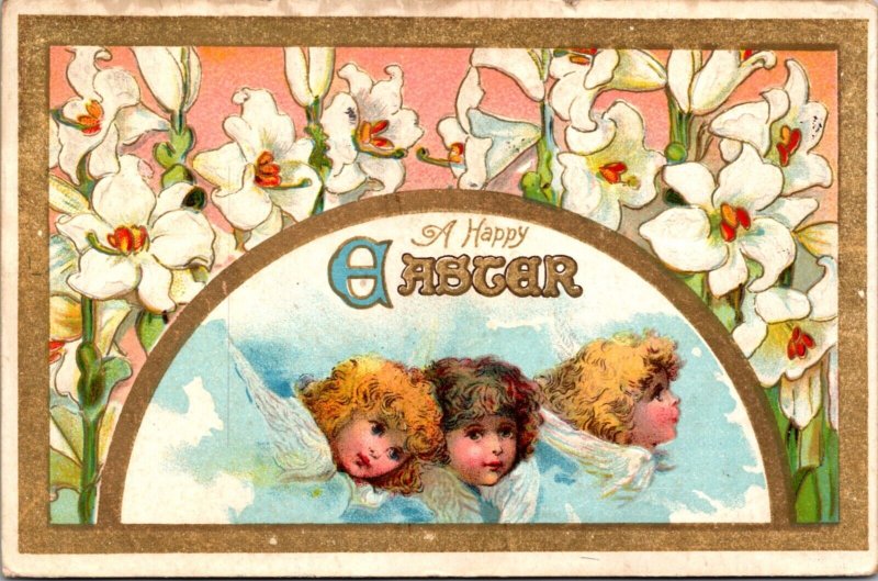 Easter Postcard Angel Heads with Wings Floating in the Sky Easter Lily ...