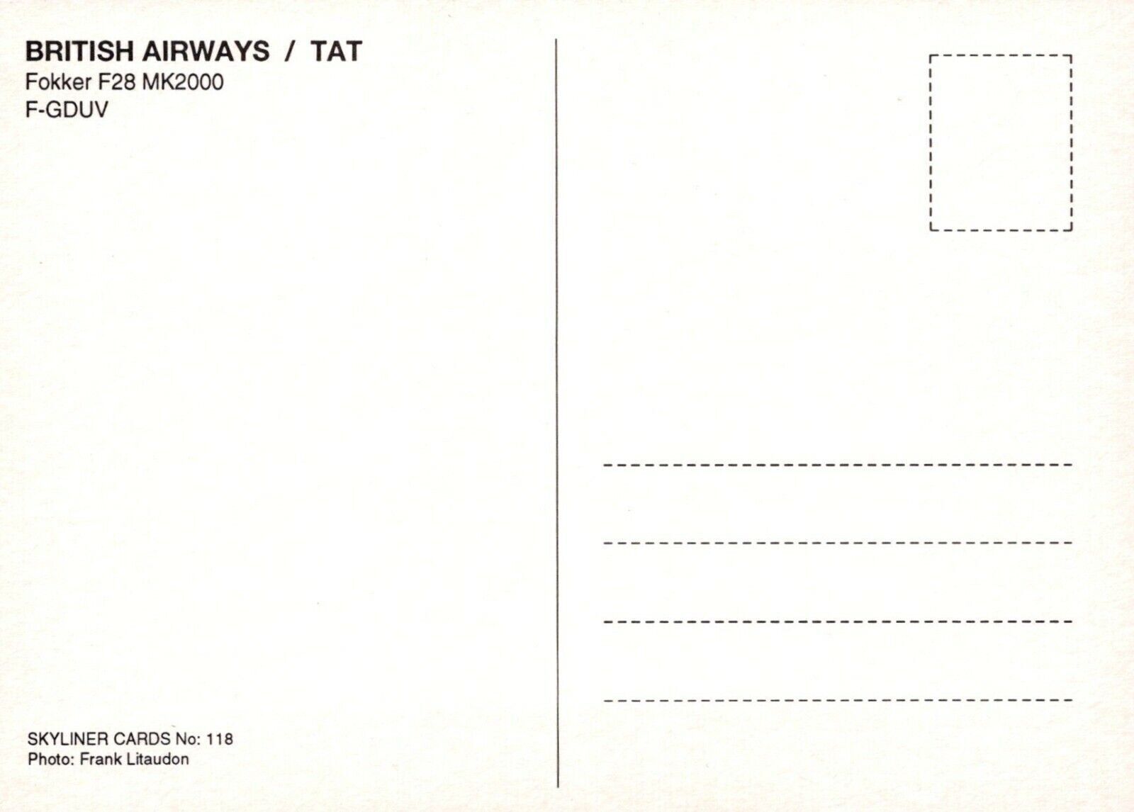 Aviation Postcard - British Airways Fokker F28 MK2000 Aeroplane RR9937 ...