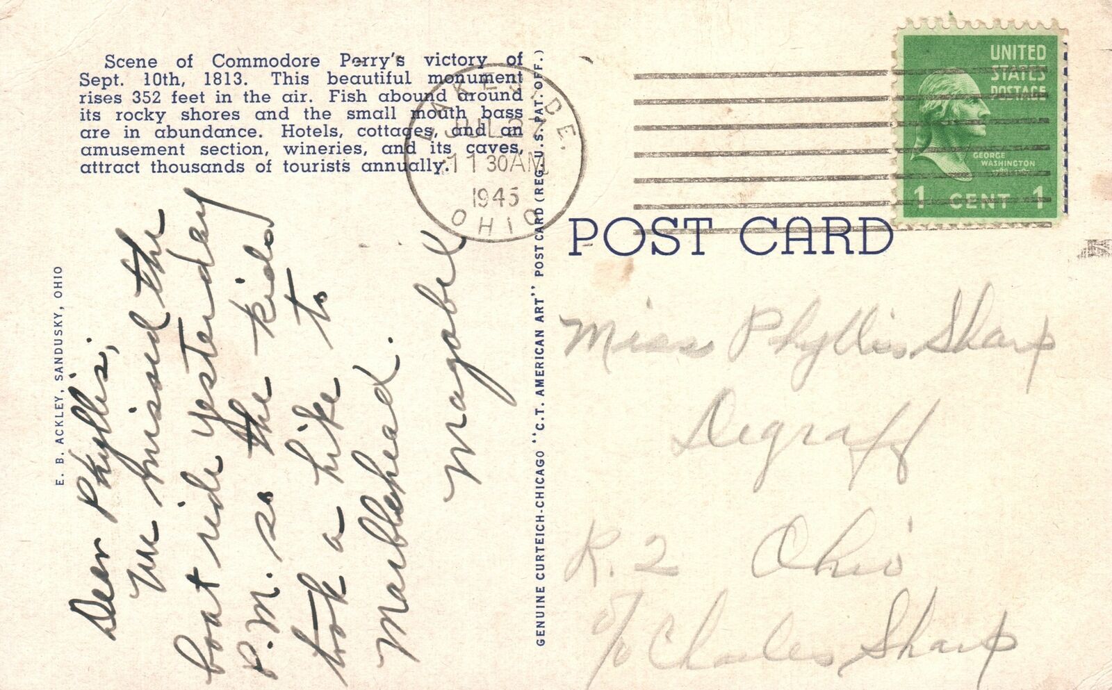 Vintage Postcard 1945 Perry Memorial By Night Put-In Bay Lake Erie ...