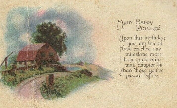 Many Happy Returns Antique Happy Birthday Poem Postcard Farm House Barn ...