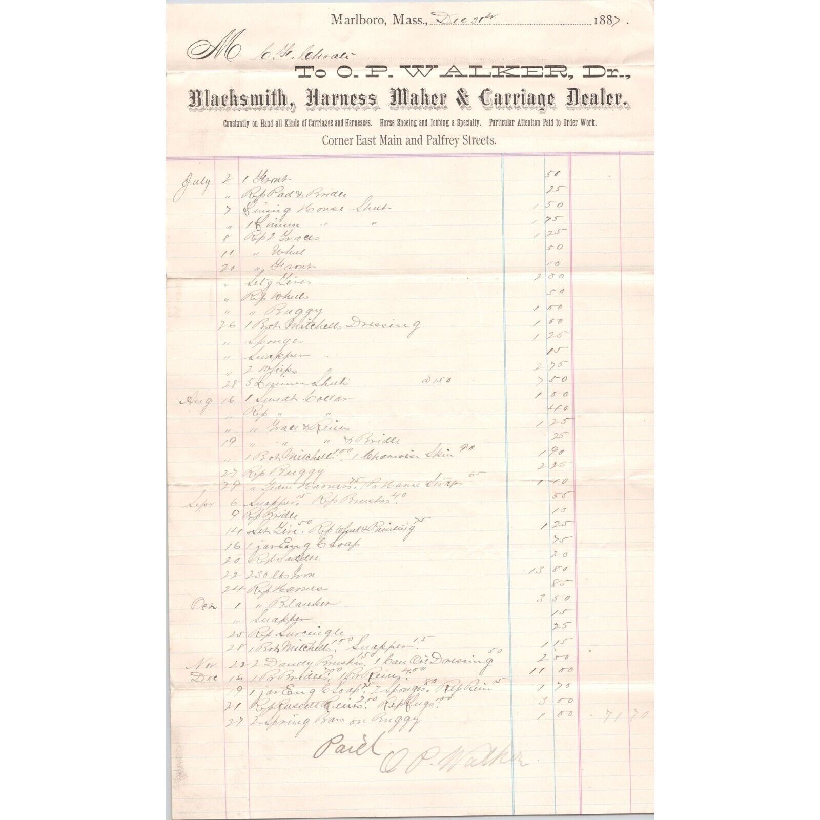 1887 Billhead - O.P. WALKER Blacksmith Harnesses Carriages - Marlboro ...