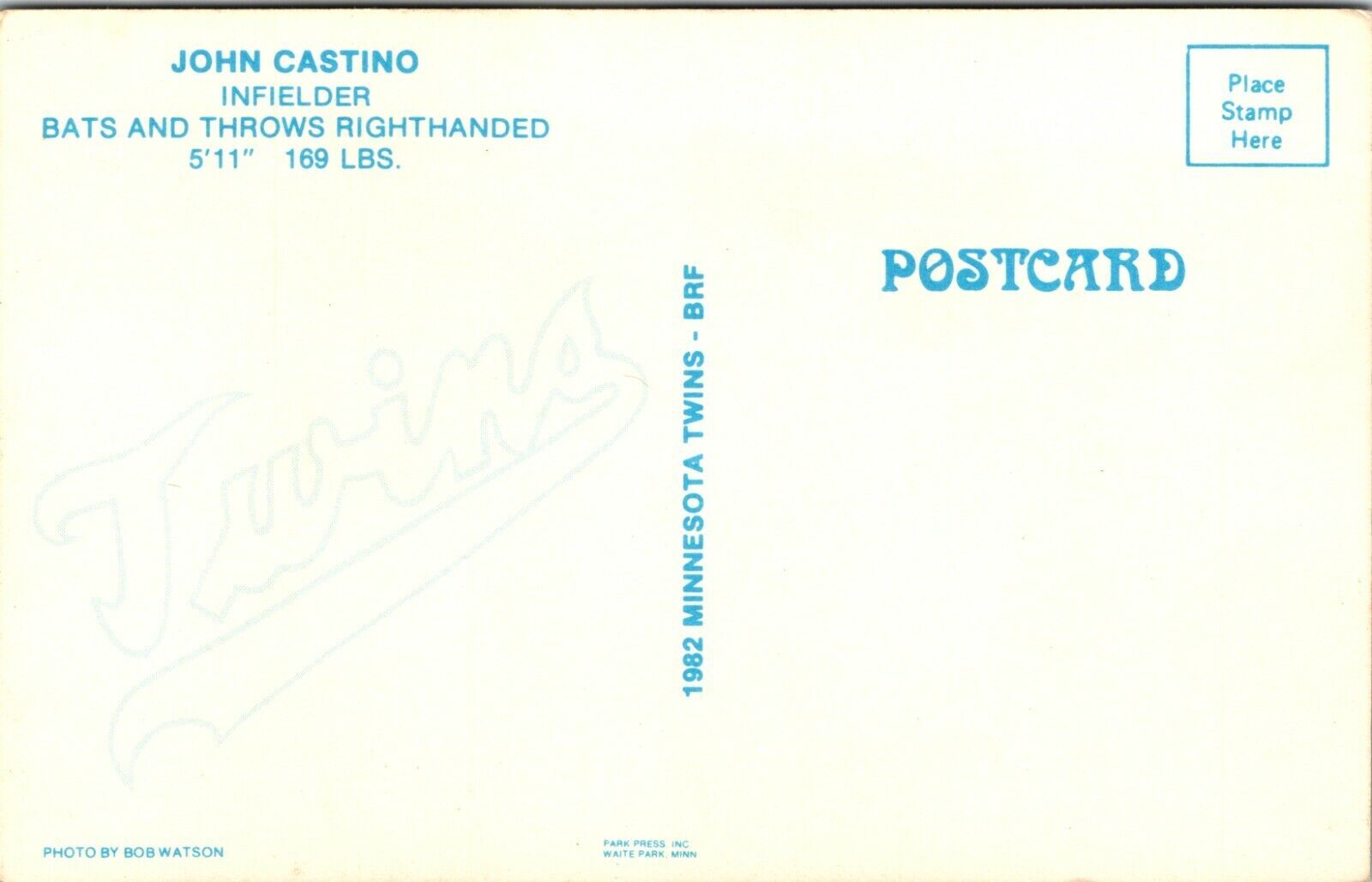 John Castino Infielder Signature Minnesota Twins Baseball 1982 Postcard ...