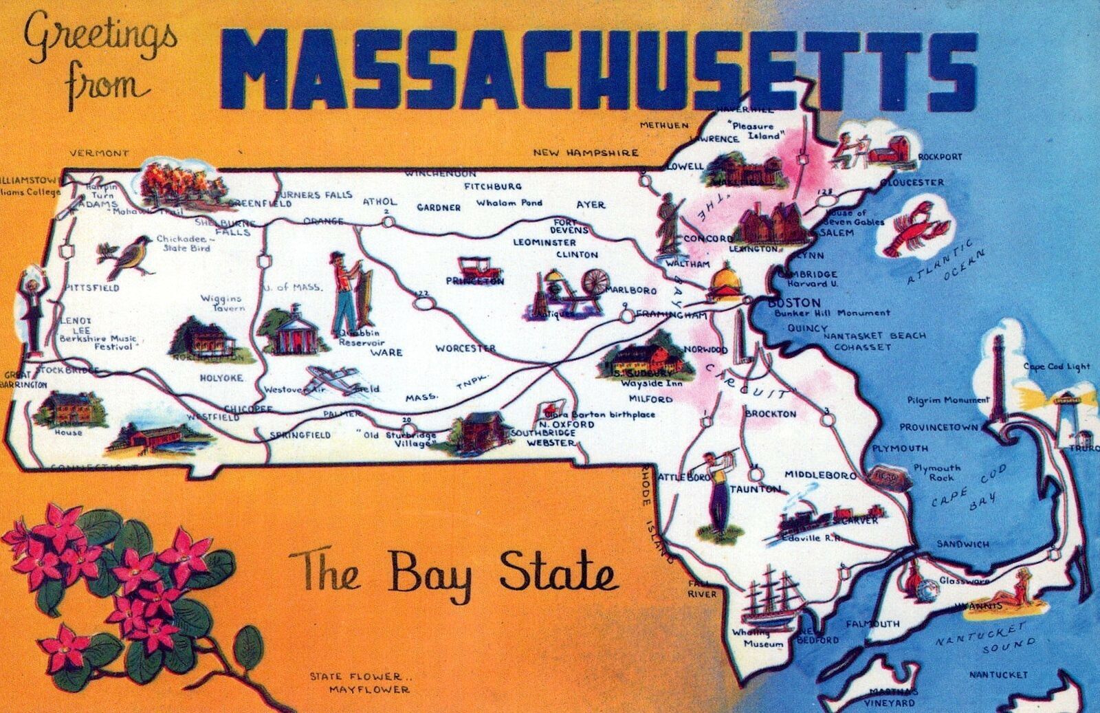 Vintage Postcard Pictorial Animated MAP of Massachusetts the BAY State ...