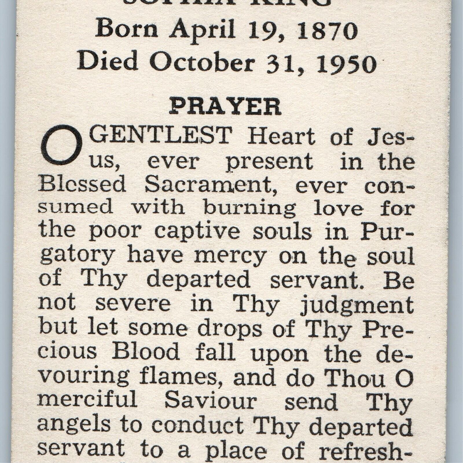 1870-1950 "Sophia King" Funeral Prayer Mary Trade Card Holy Jesus Edgar ...