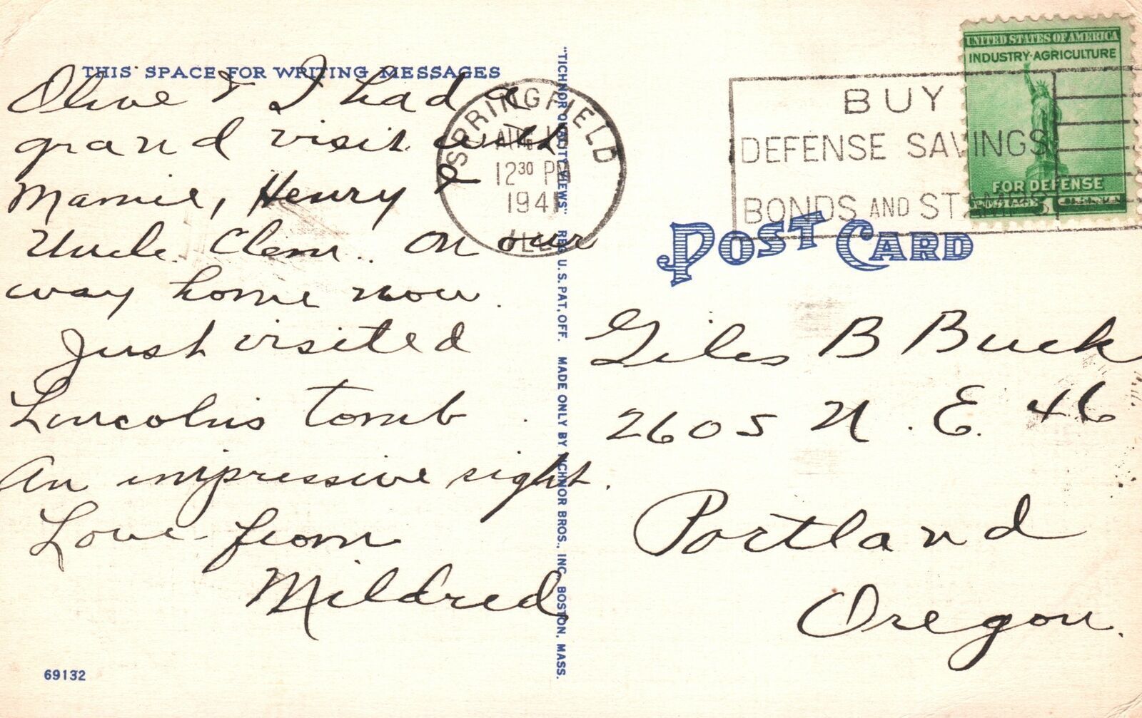 Vintage Postcard 1941 Greetings From Springfield Illinois Historical ...