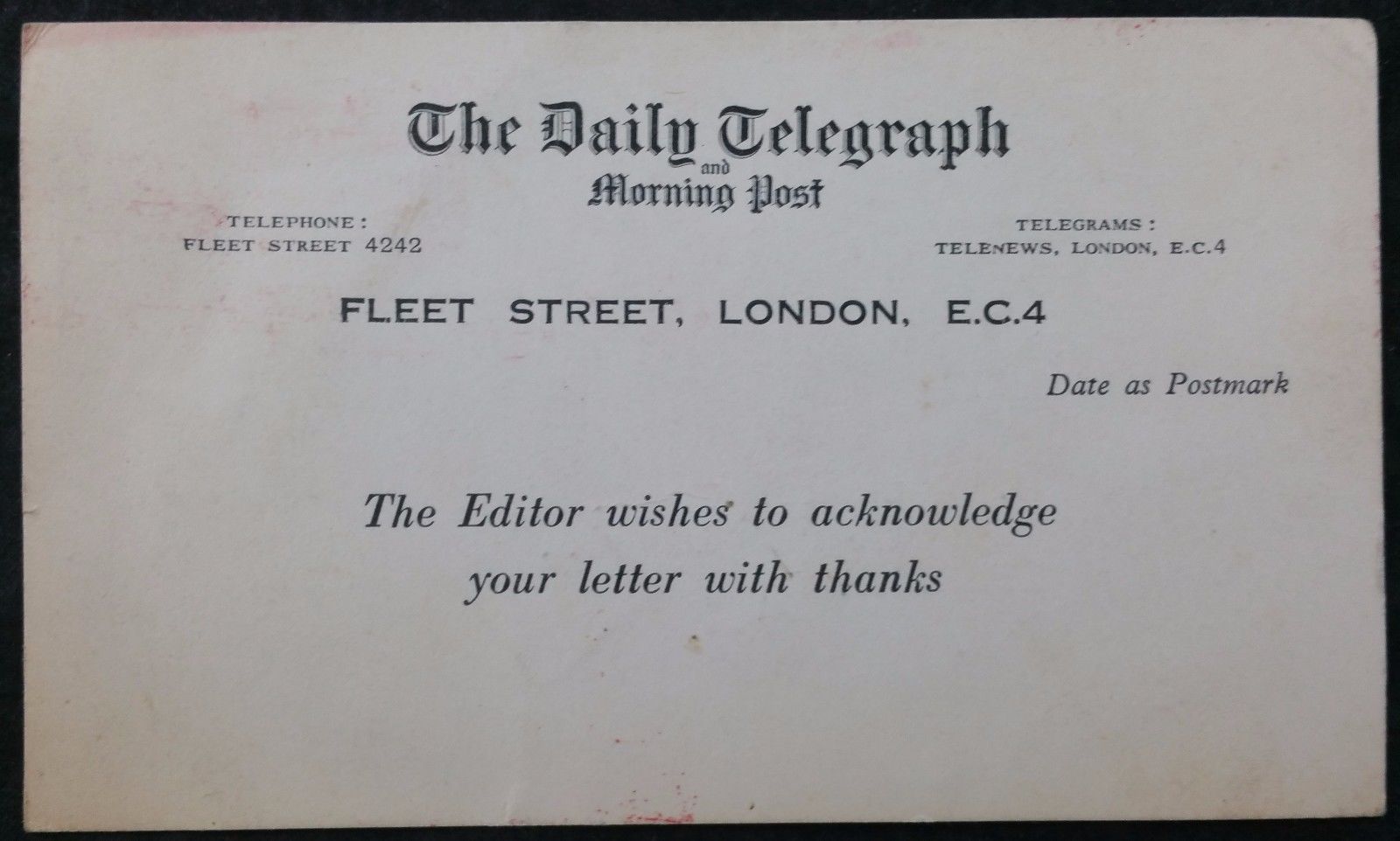 Daily Telegraph Acknowledgement of Letter Postcard, 3d Franked Rate ...