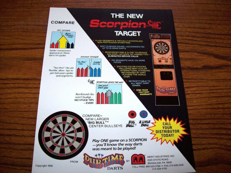 Merit PUB Time Scorpion Target Darts Arcade Game Machine Flyer Vintage ...