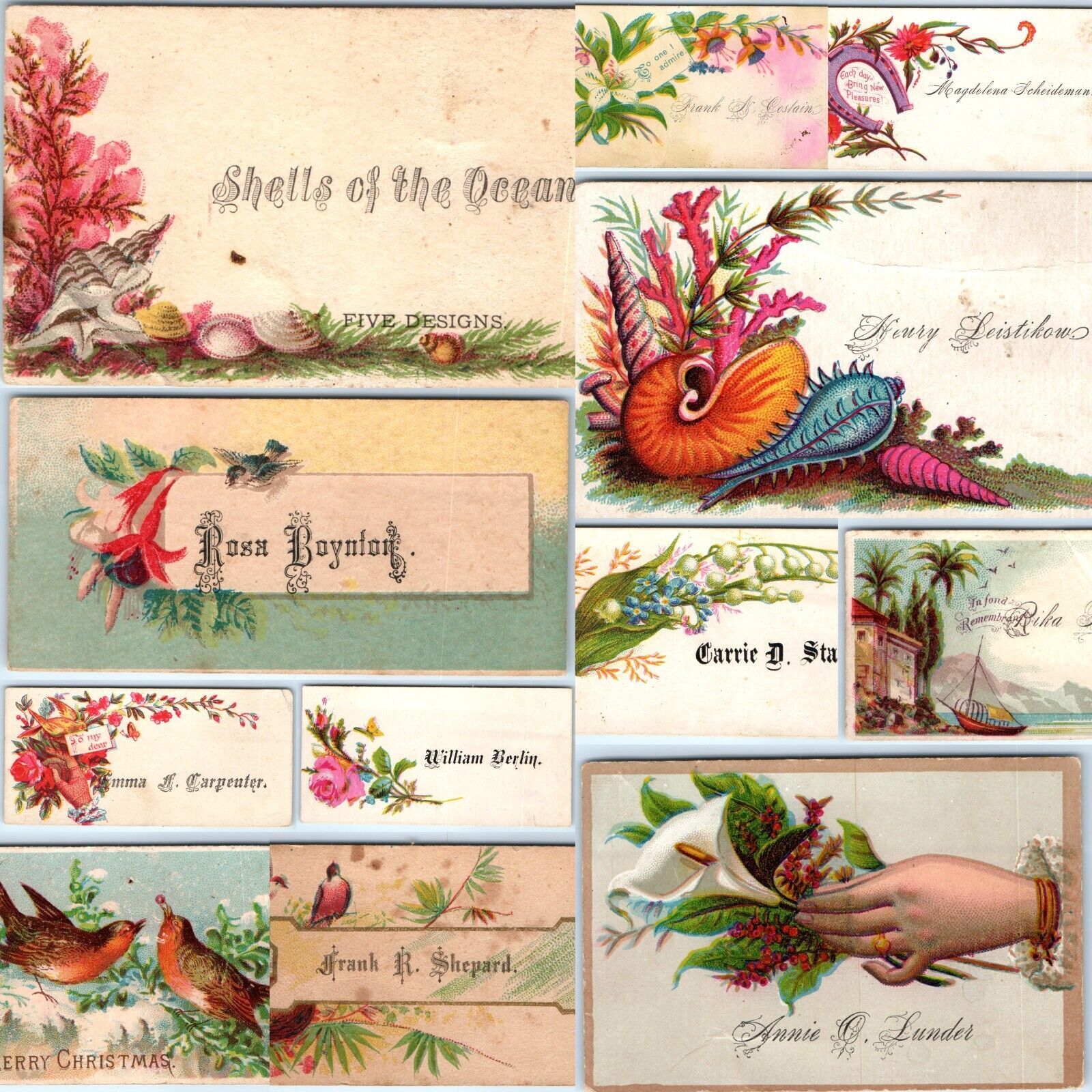 x12 LOT c1880s Calling Cards Names Beautiful Litho Color Artistic Cute ...