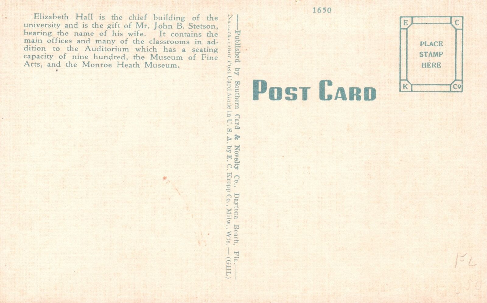 Vintage Postcard Elizabeth Hall J. B. Stetson University Campus De Land ...