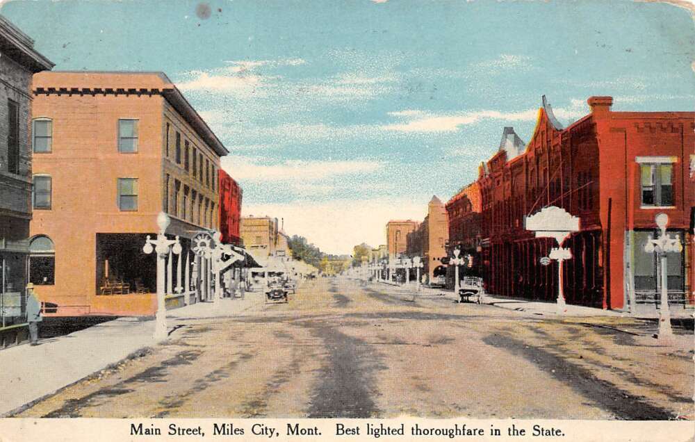 Miles City Montana Main Street Scene Color Lithograph Vintage Postcard ...