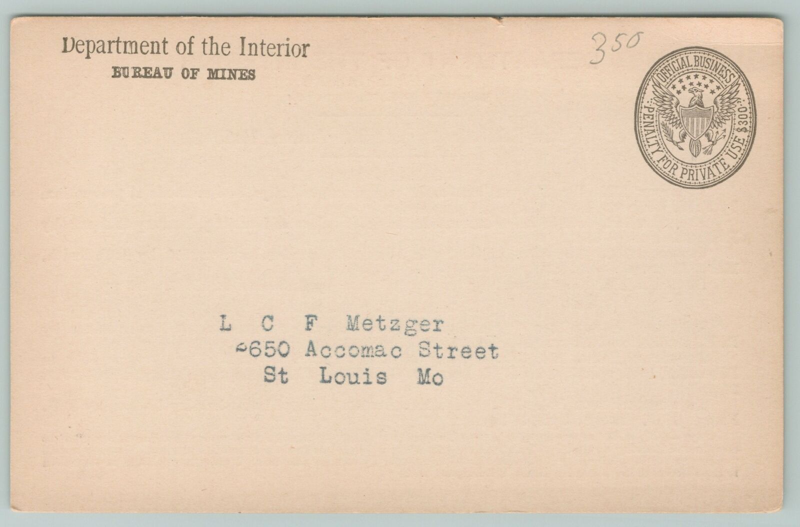 Washington DC~Department of Interior Van H Manning~Bureau of Mines~1918 ...