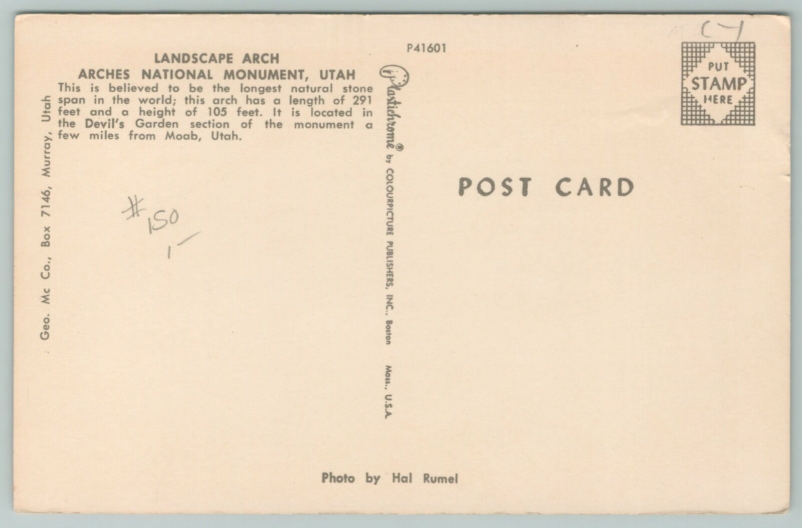 Moab Utah~Landscape Arch~Arches Nat Monument~Vintage Postcard | United ...