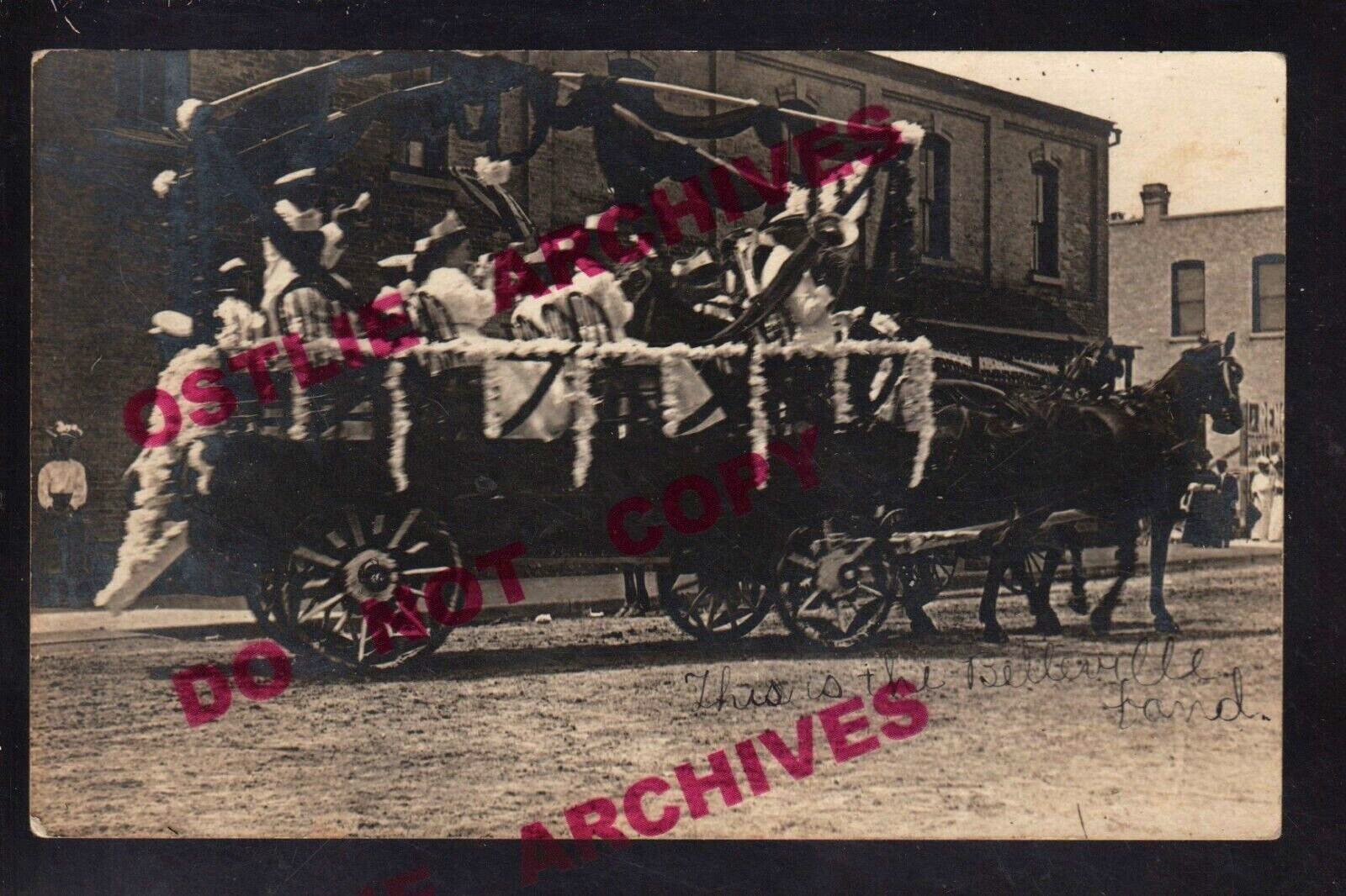 Belleville WISCONSIN RPPC 1909 BAND BANDWAGON Parade Float HORSE-DRAWN ...