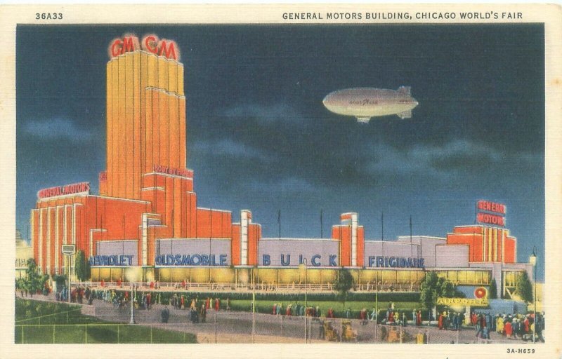 1933 Chicago World's Fair GM Building, Blimp in Sky Linen Postcard ...