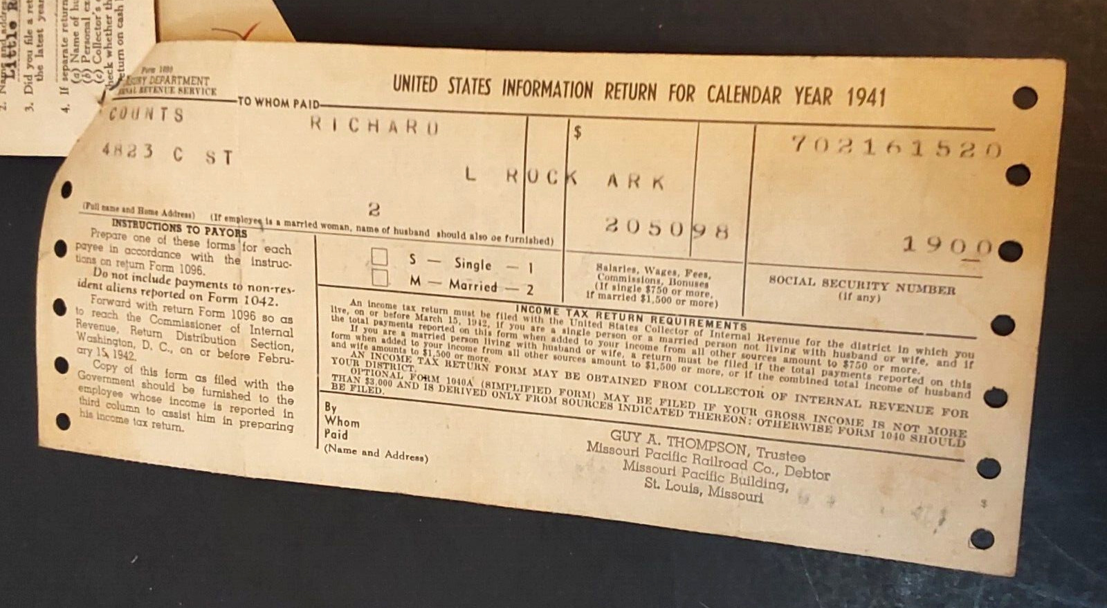 IRS Form 1040 US Individual Income Tax Return Form 1941 Richard Counts ...