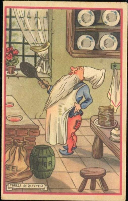 artist signed MARJA DE RUYTER Dwarf Gnome Cook Cooking (1940s) (2 ...