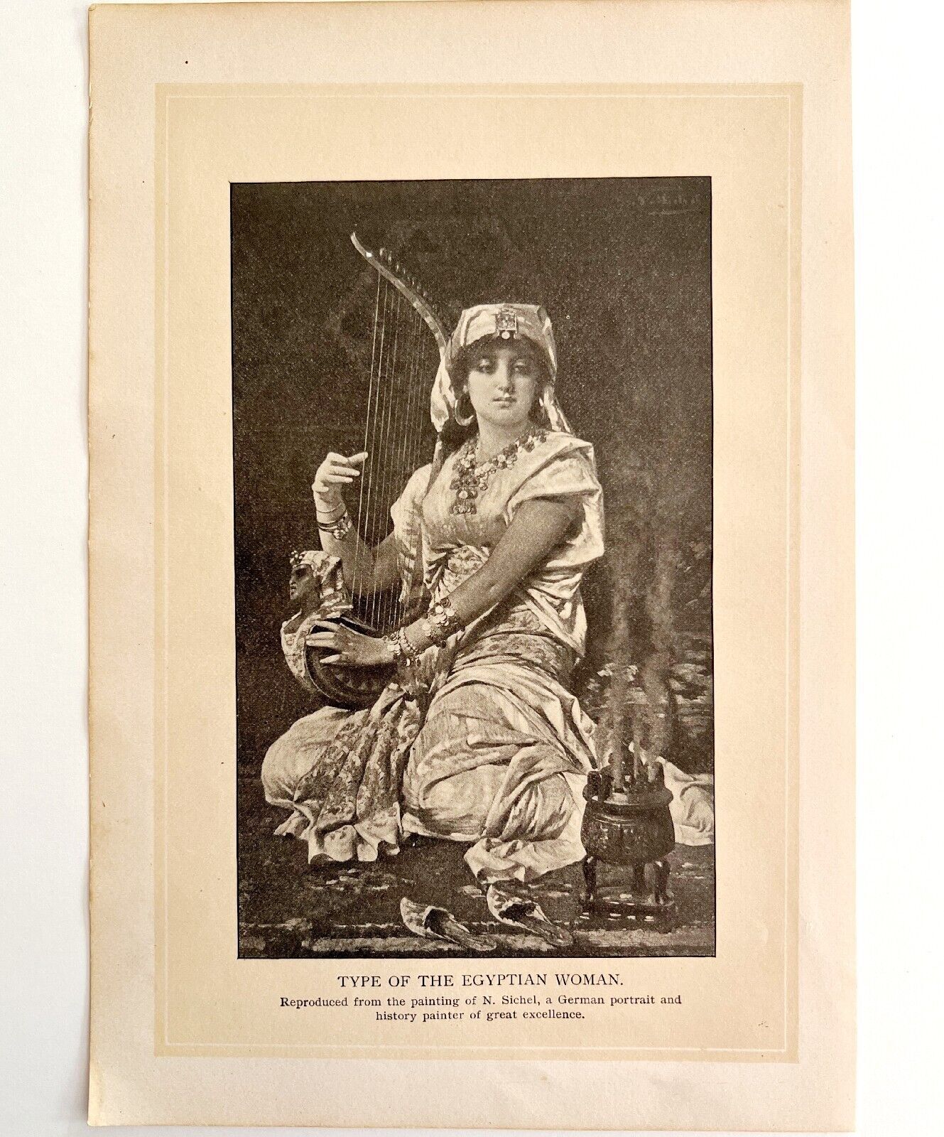 Egyptian Female With Harp Victorian Print 1901 Woman History Ephemera ...