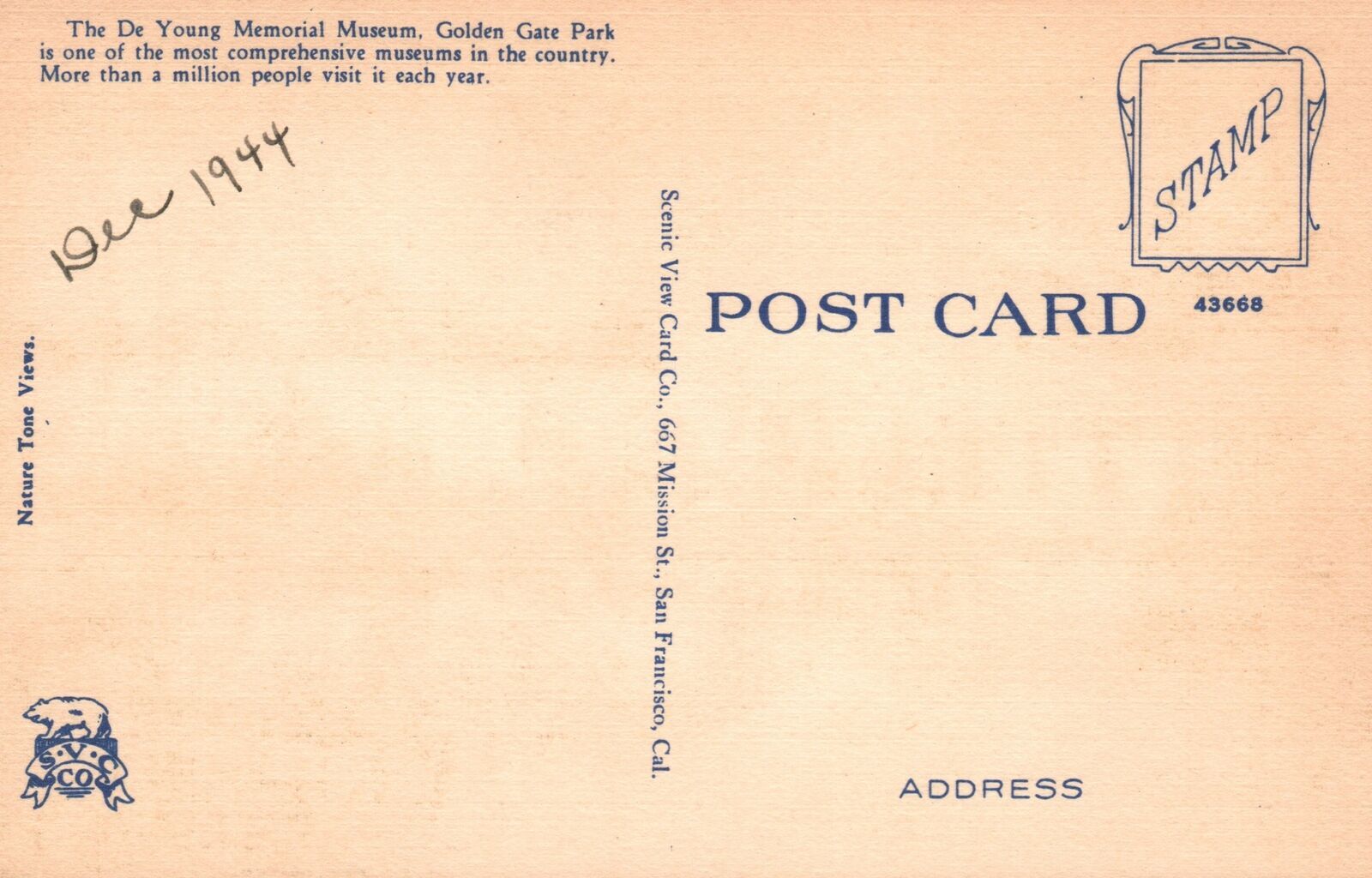 Vintage Postcard 1930's De Young Memorial Museum Golden Gate San ...