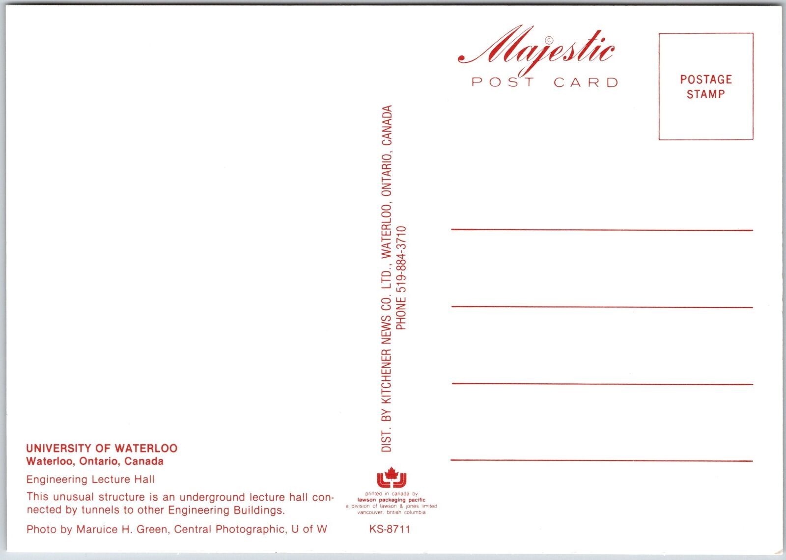 University Of Waterloo Ontario Canada Engineering Lecture Hall Postcard ...