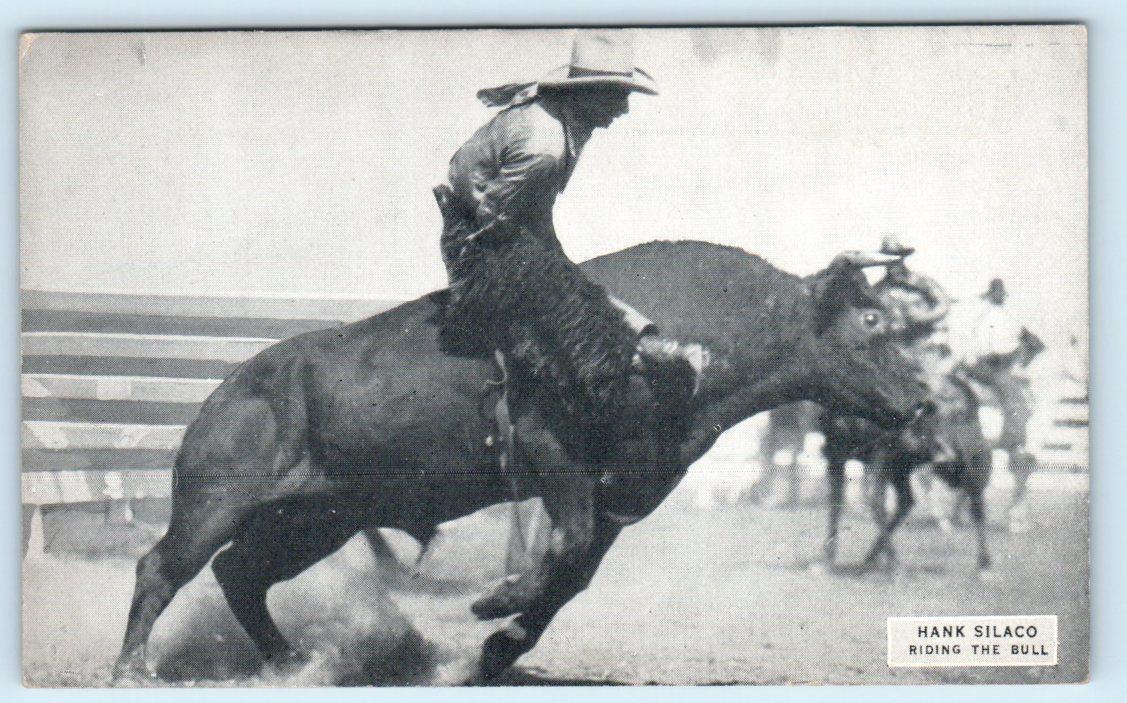 RODEO Arcade Exhibit Card HANK SILACO - RIDING THE BULL Cowboy Bull ...
