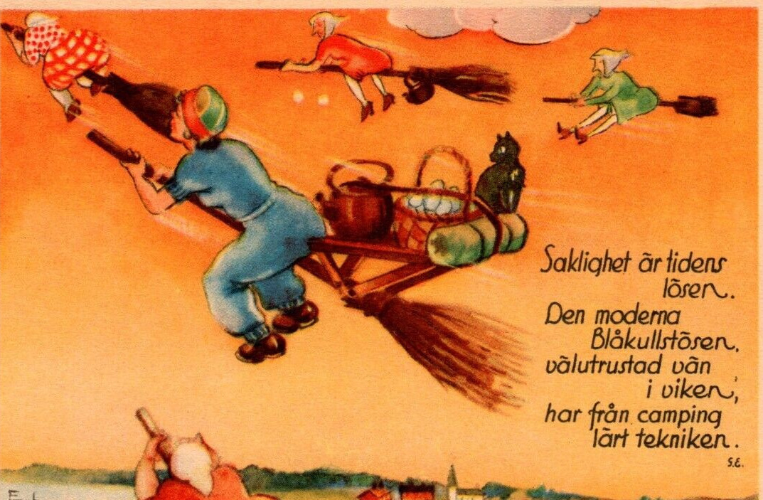 Easter Witches Postcard Fantasy Glad Pask Brooms Black Cat Tea Kettle ...