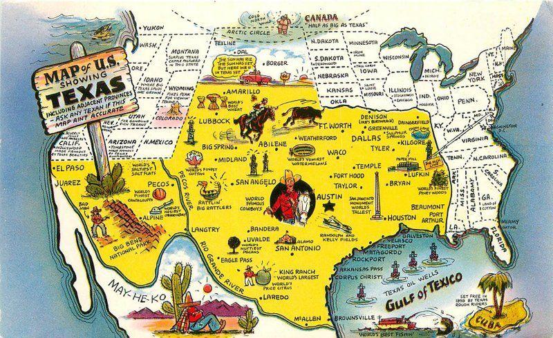 1950s Map Attractions Texas State Colorpicture linen postcard 12711 ...