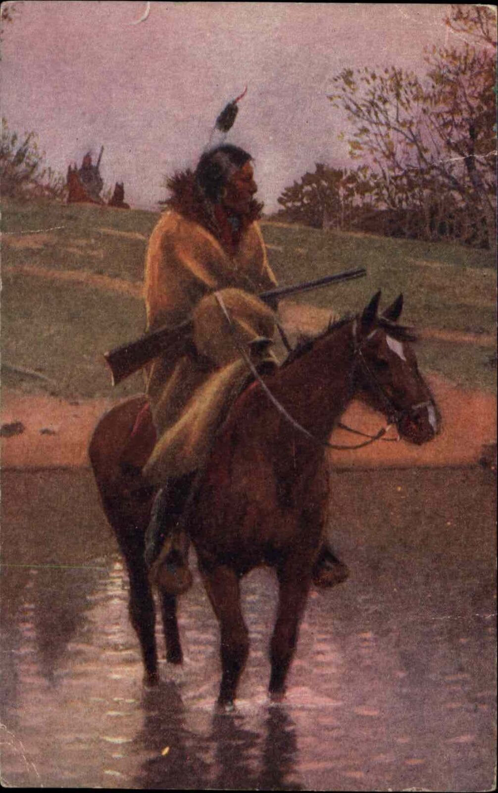 Native American Indian on Horse with Rifle Gun c1910 Vintage Postcard ...