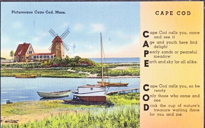 Cape Cod MA - boats along the shore near the windmill and poem, 1930s ...