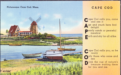 Cape Cod MA - boats along the shore near the windmill and poem, 1930s ...