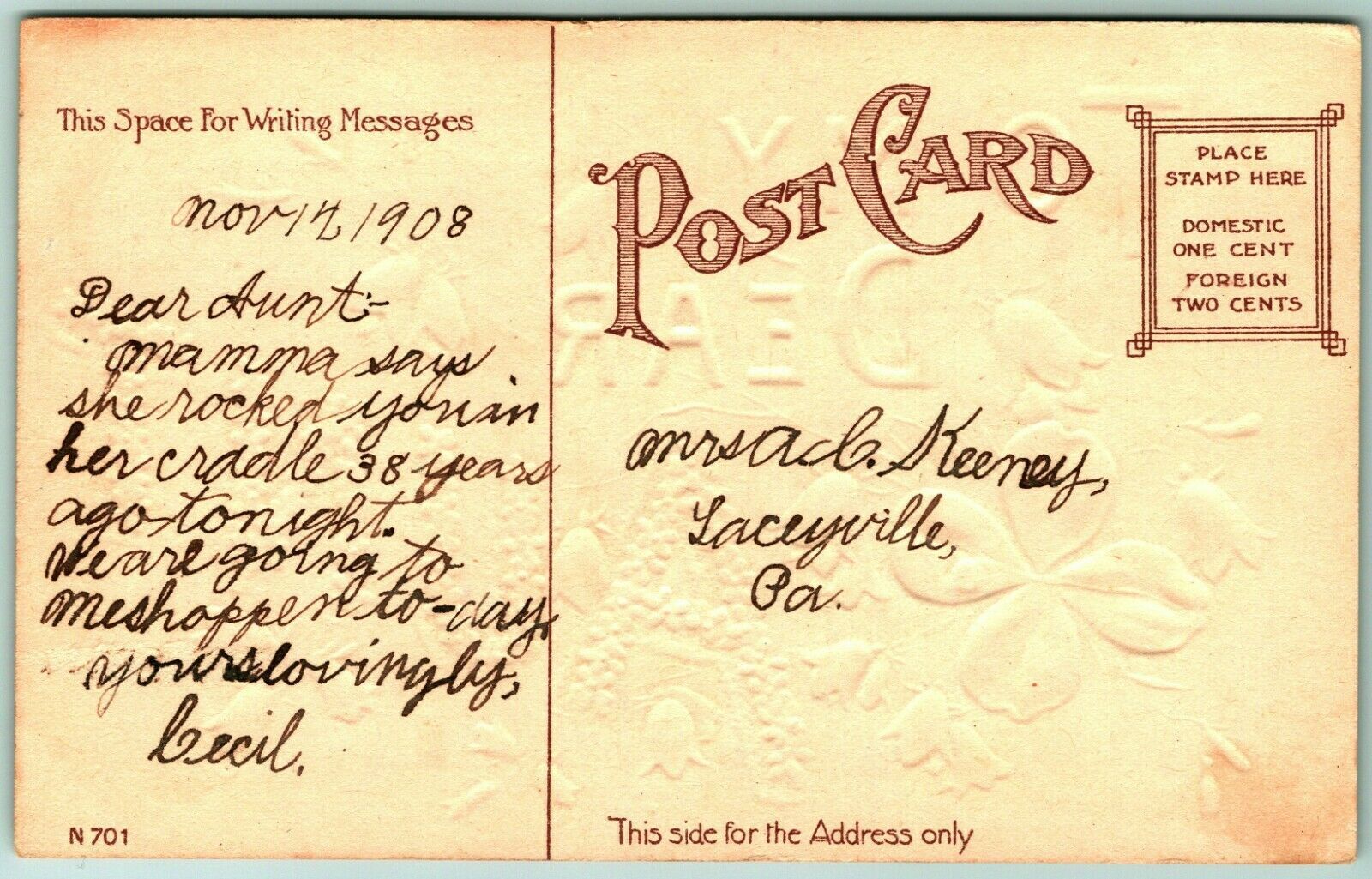 Large Letter Floral Greetings To My Dear Aunt Embossed 1908 DB Postcard ...
