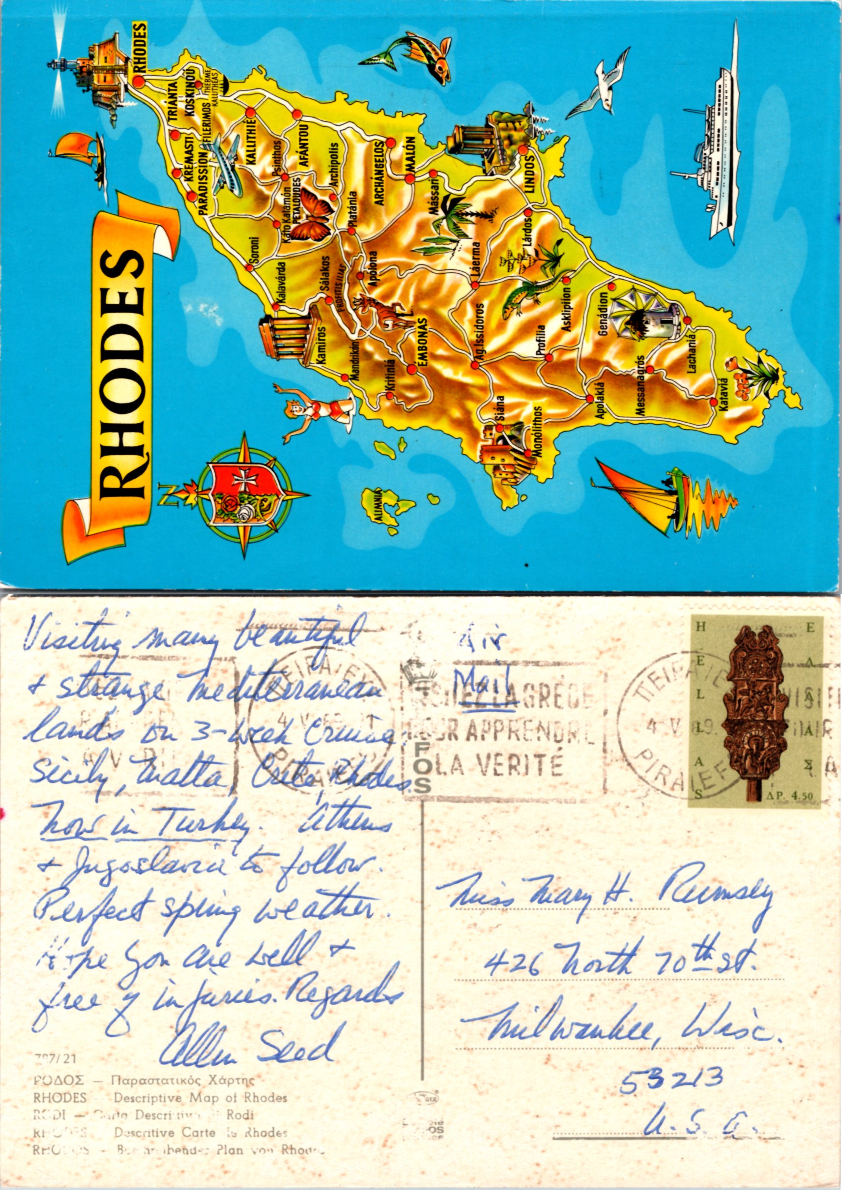 Descripitive Map of Rhodes, Greece (9363) | Europe - Greece, Postcard ...