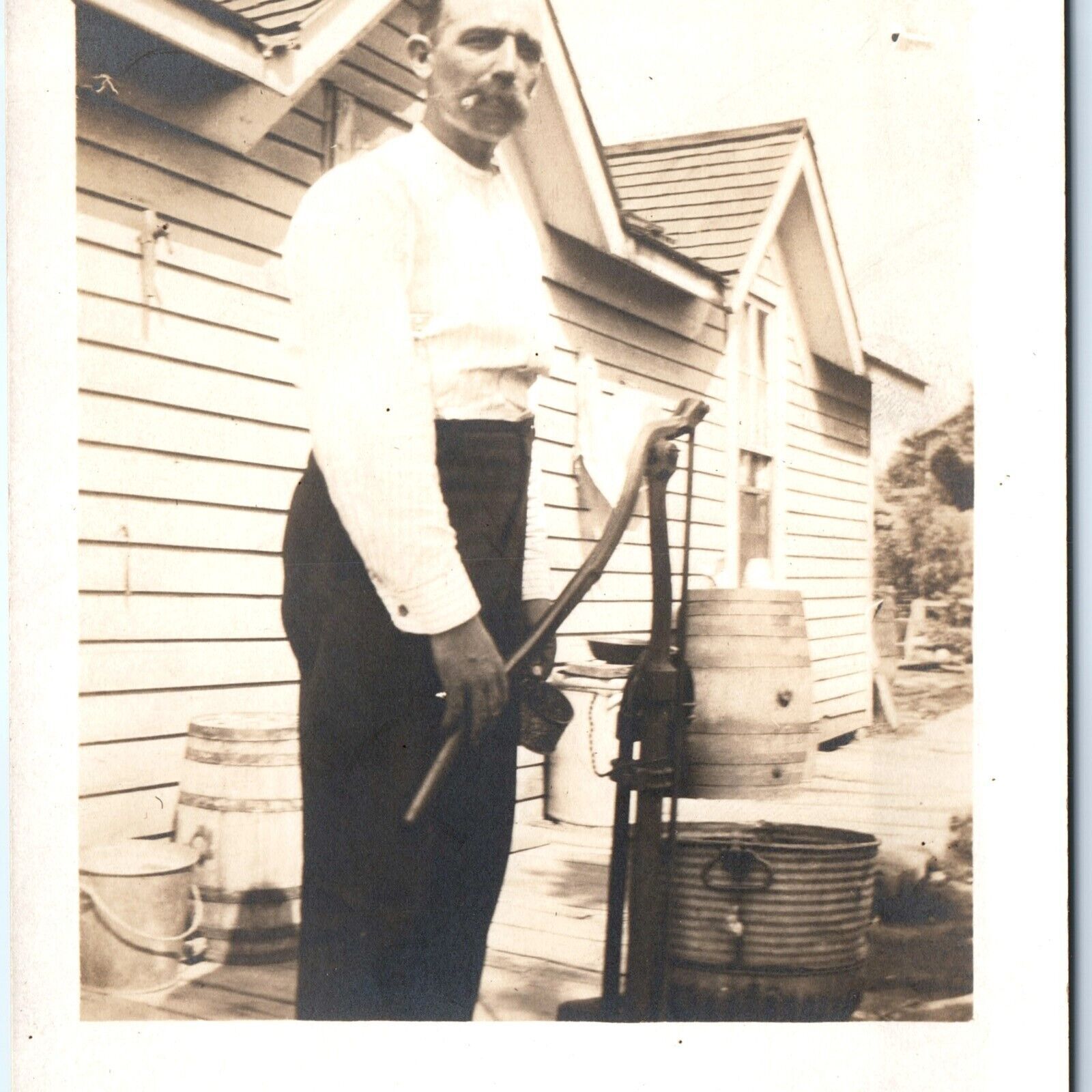 c1910s Pumper Man Pumping Outdoor Pump RPPC Water Bucket Barrel Real ...
