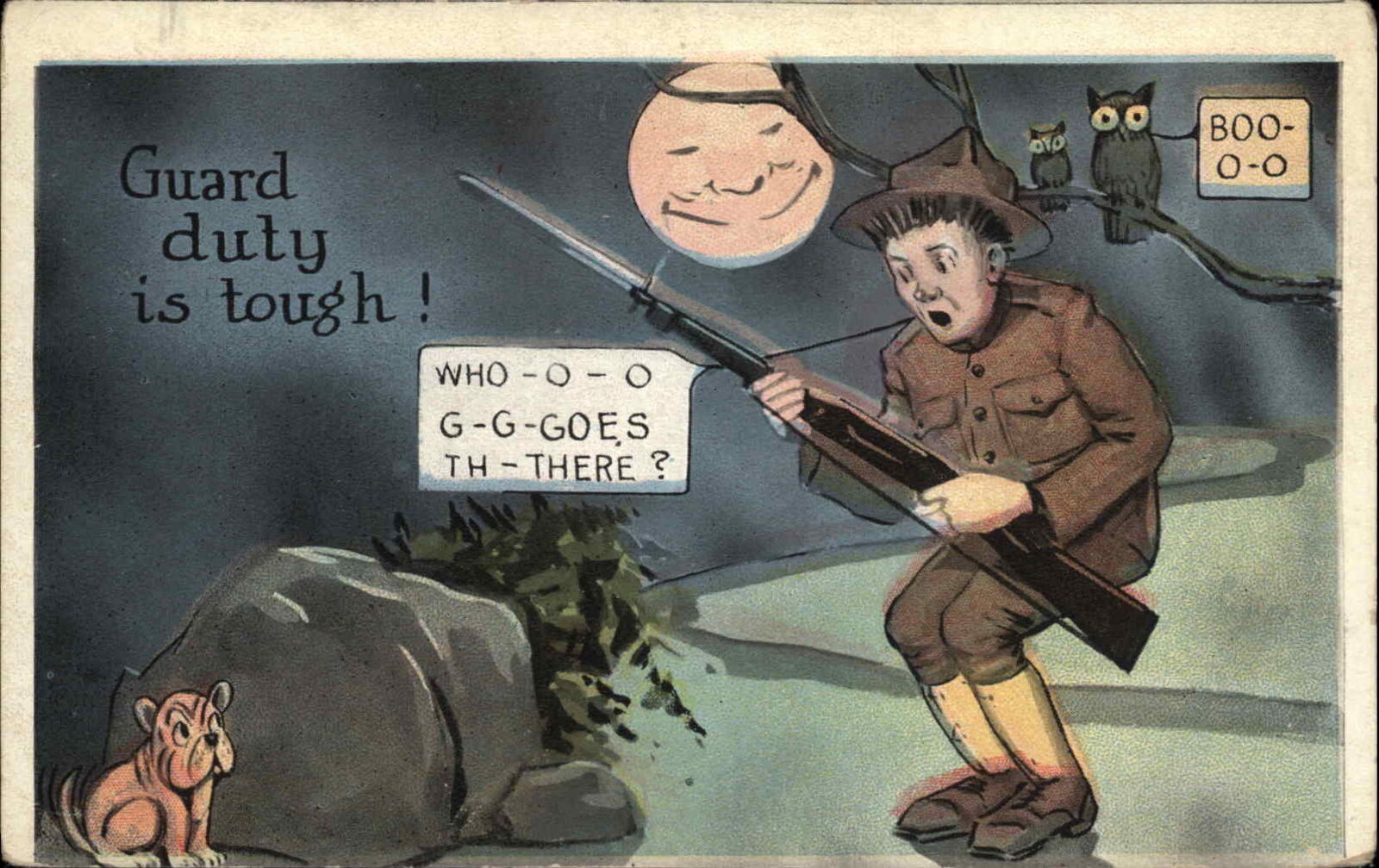 WWI Postcard Scared Soldier w Rifle OWL MAN IN THE MOON "Guard Duty ...