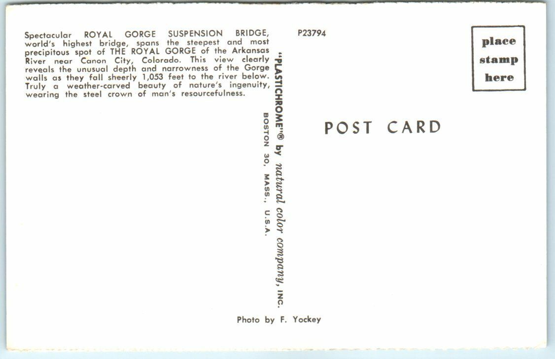 Postcard - Spectacular Royal Gorge Suspension Bridge - Cañon City ...