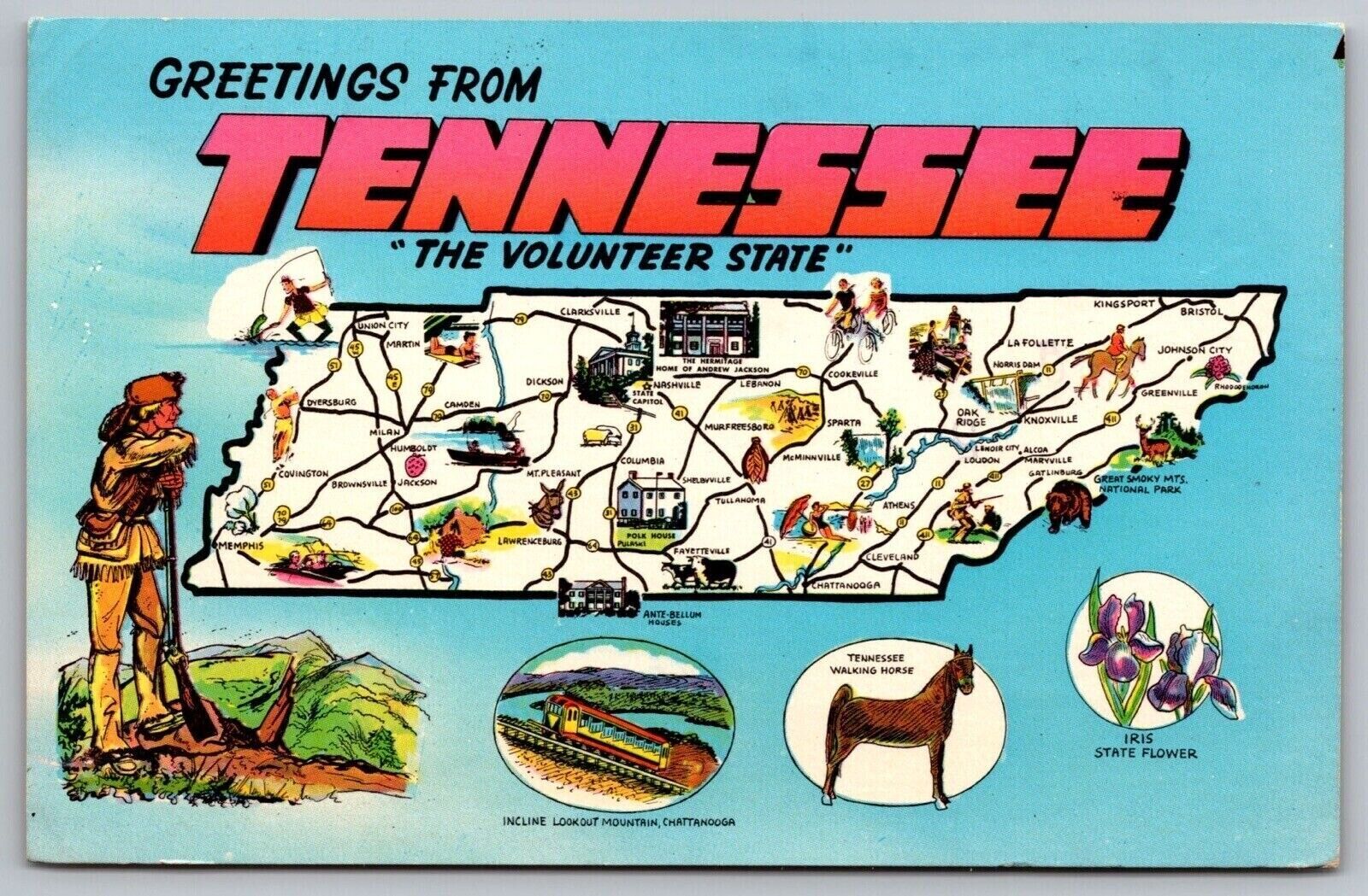Greetings Tennessee Volunteer State Map Cities Landmarks DB WOB UNP ...