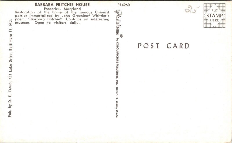 Barbara Fritchie House Frederick Maryland Historical Sign UNP Vintage ...