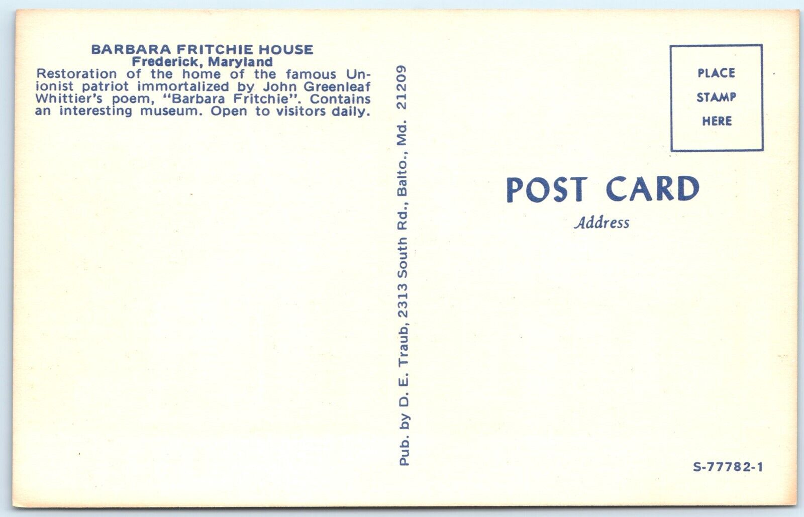 c1960s Frederick, MD Barbara Fritchie House Whittier Poem Downtown ...