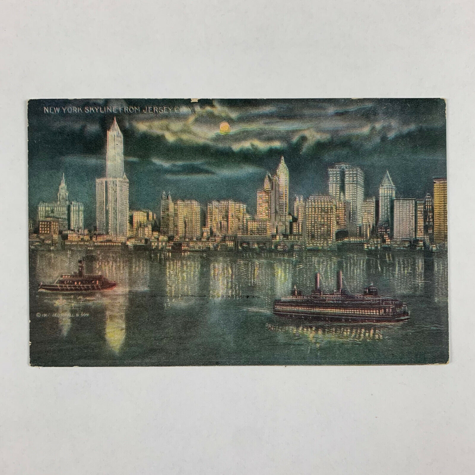 Postcard New Jersey NJ New York NY Skyline Night Steam Ship Ferry 1920s ...
