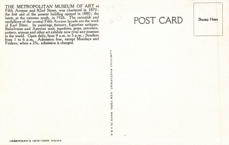 Vintage Postcard 1920's Metropolitan Museum Of Art Building New York ...